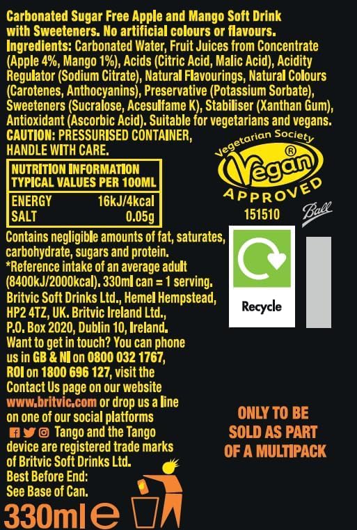 Tango Mango Sugar Free: Soft Drink Cans - 330ml (Pack of 24) – Business ...